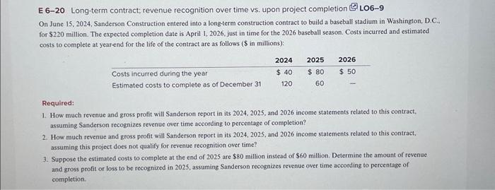 Solved E 6-20 Long-term contract, revenue recognition over | Chegg.com