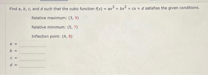Solved Find a,b,c, and d such that the cubic function | Chegg.com
