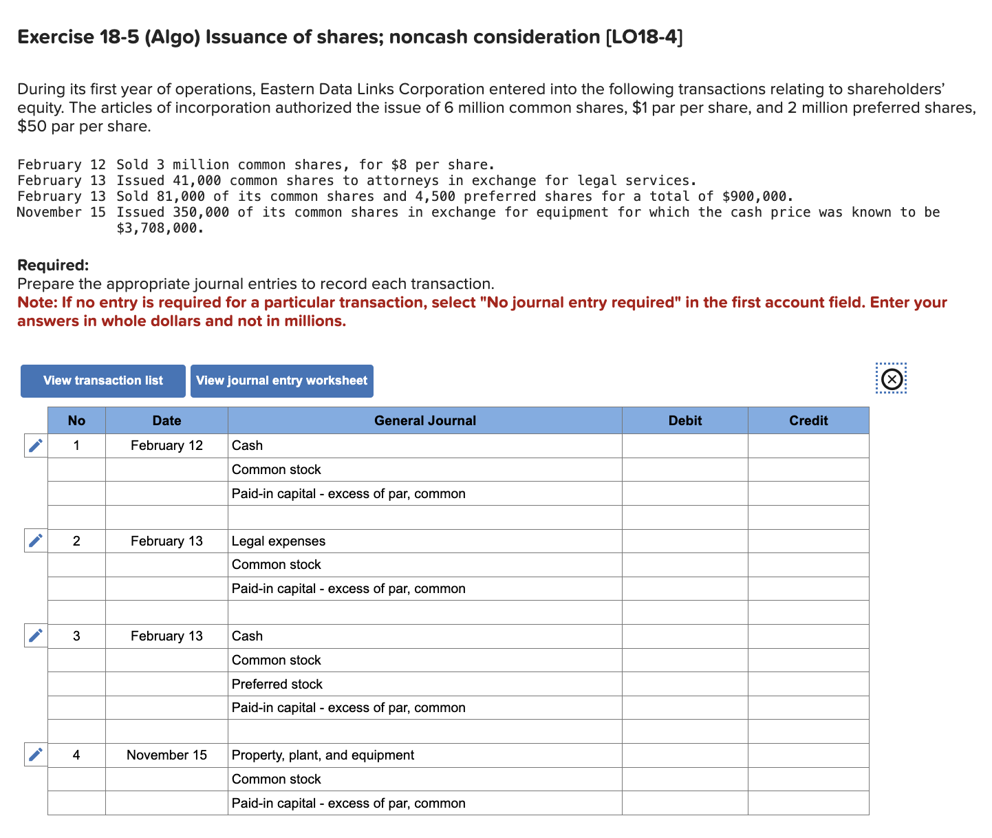 Solved Exercise 18-5 (Algo) ﻿Issuance of shares; noncash | Chegg.com