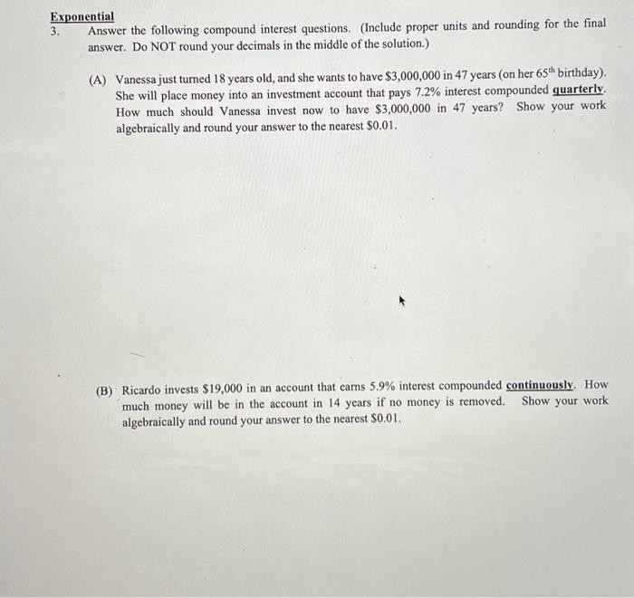Solved Exponential 3. Answer the following compound interest | Chegg.com