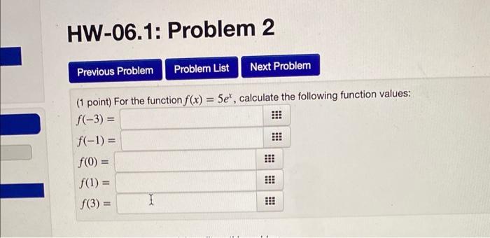 Solved (1 point) For the function f(x)=5ex, calculate the | Chegg.com