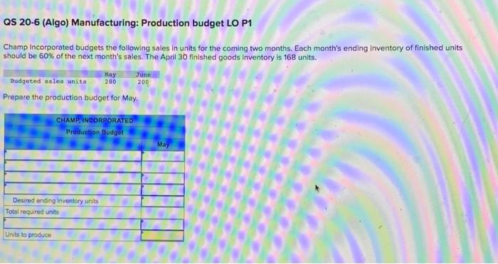 Solved QS 20-6 (Algo) Manufacturing: Production budget LO P1 | Chegg.com