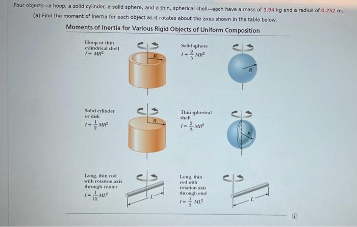 Solved Four objects-a hoop, a solid cylinder, a solid | Chegg.com