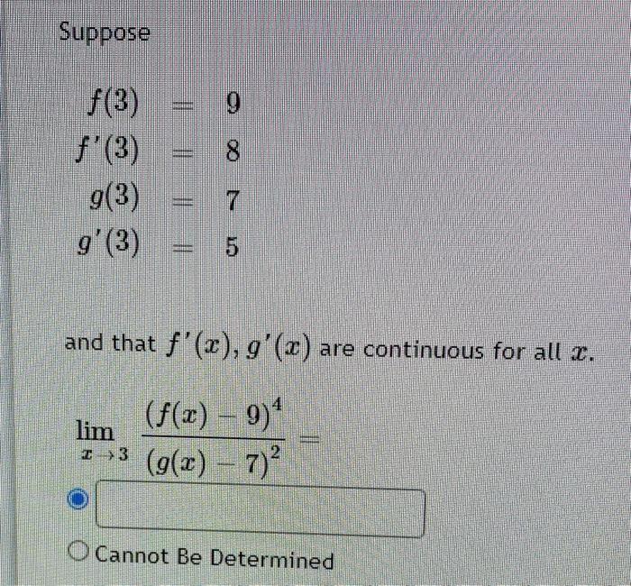 Solved Suppose and that f′(x),g′(x) are continuous for all | Chegg.com