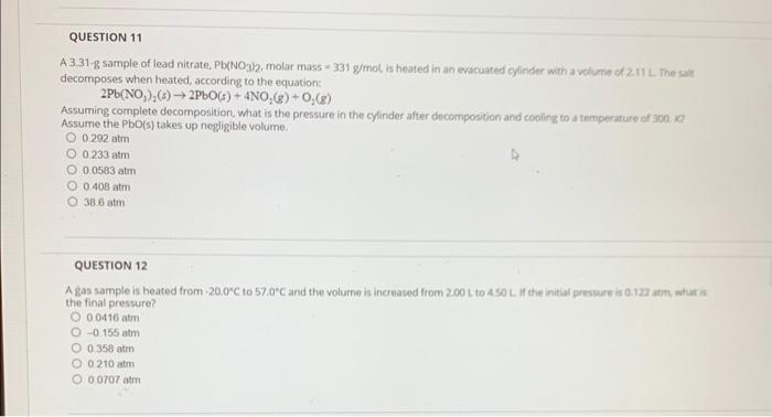 Solved A 3.31. g sample of lead nitrate, Pb(NO3)2, molar | Chegg.com