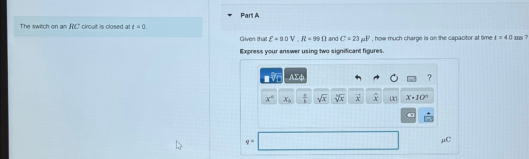 Solved Part AThe switch on an RC ﻿circuit is closed at | Chegg.com