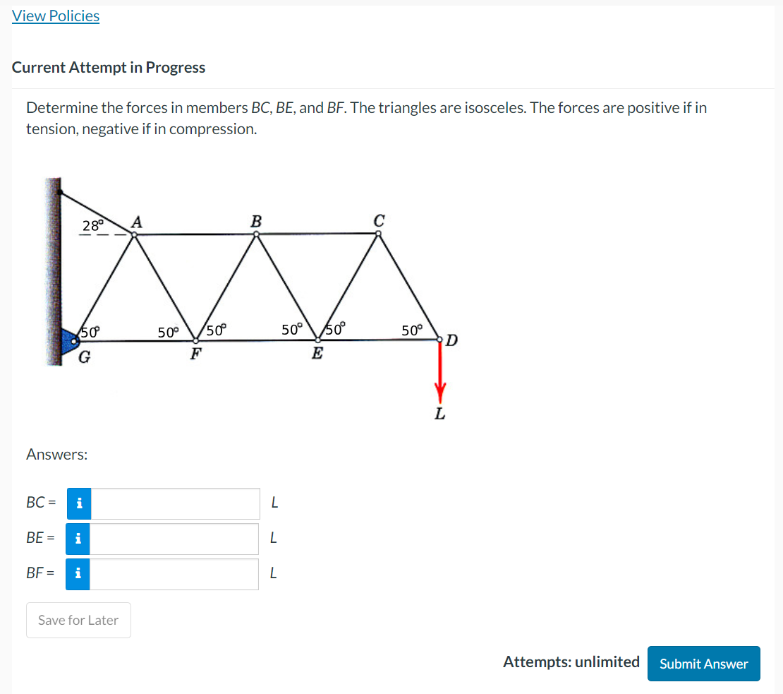 Solved Current Attempt in ﻿ProgressDetermine the forces in | Chegg.com