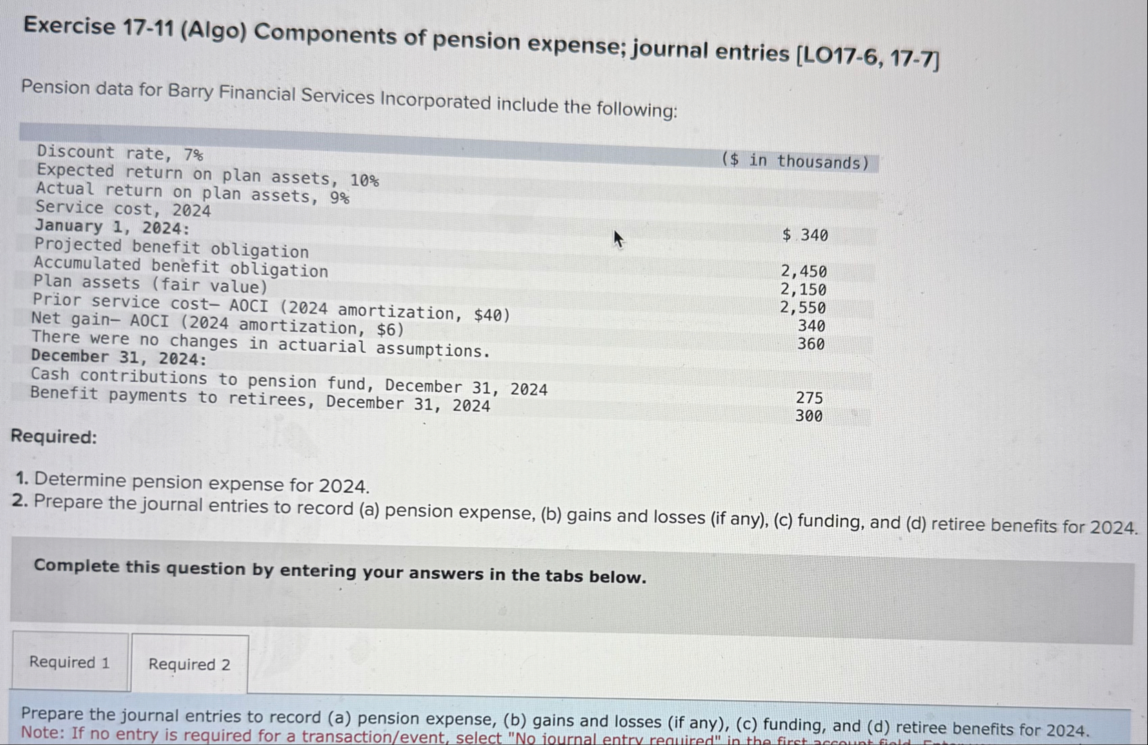 Solved Exercise 17-11 (Algo) ﻿Components of pension expense; | Chegg.com