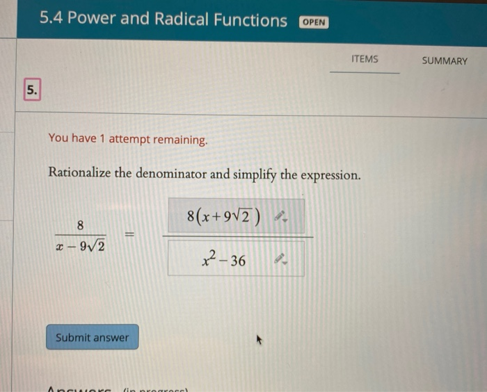 Solved 5.4 Power and Radical Functions ITEMS SUMMARY 5. You | Chegg.com