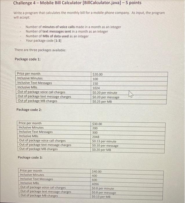 Solved Challenge 4 - Mobile Bill Calculator | Chegg.com