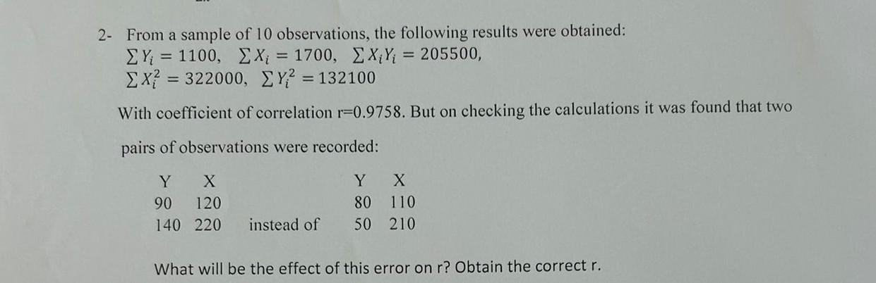 Solved 2- From a sample of 10 observations, the following | Chegg.com