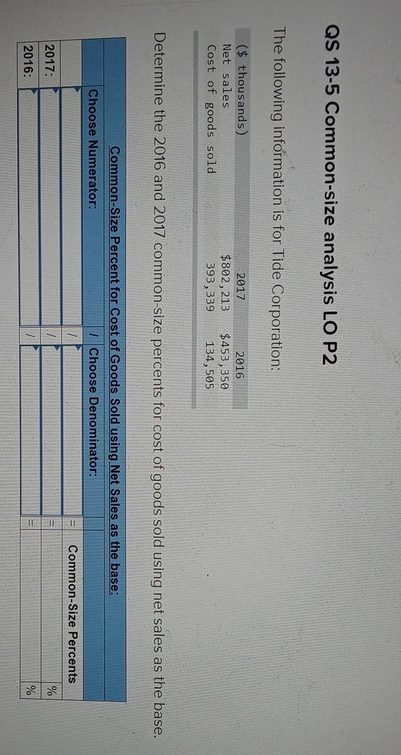 Solved QS 13-5 Common-size analysis LO P2 The following | Chegg.com