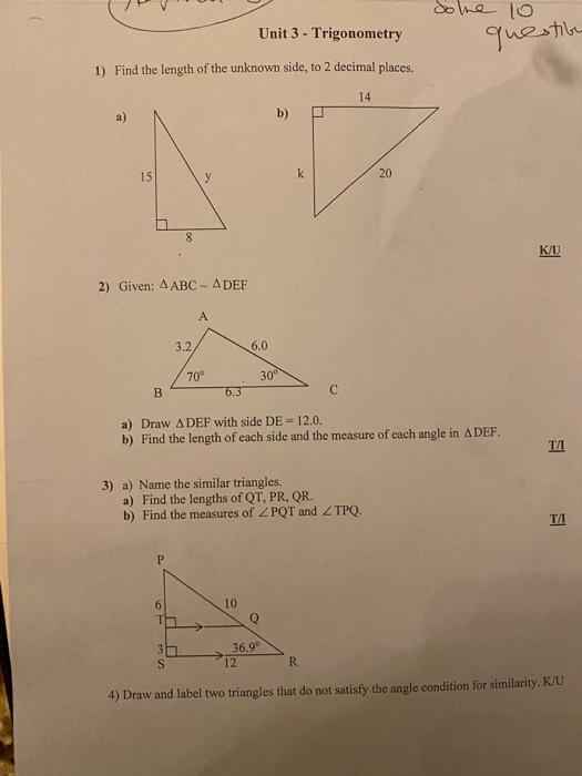 Solved Unit 3 - Trigonometry ouestibu 1) Find the length of | Chegg.com