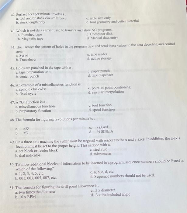 Solved area. 42. Surface feet per minute involves. a. tool | Chegg.com