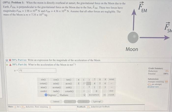 Solved (10%) Problem 1: When the moon is directly overhead | Chegg.com