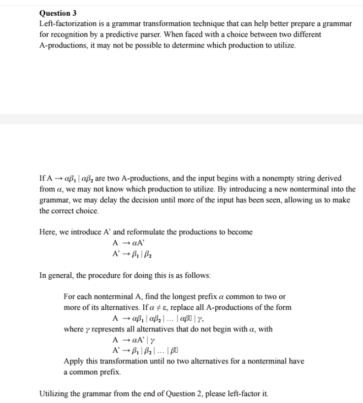 Solved Question 3Left-factorization is a grammar | Chegg.com