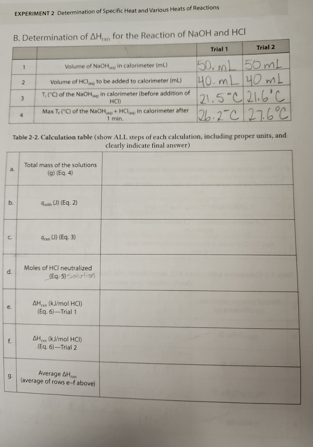 Solved EXPERIMENT 2 ﻿Determination of Specific Heat and | Chegg.com