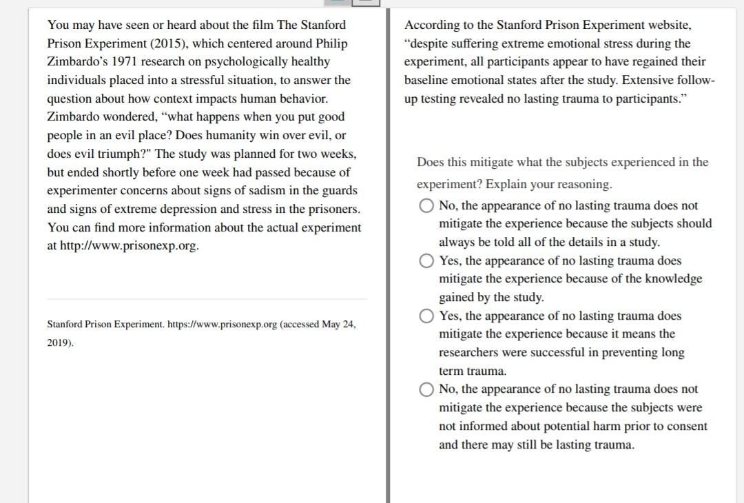 According to the Stanford Prison Experiment website, | Chegg.com