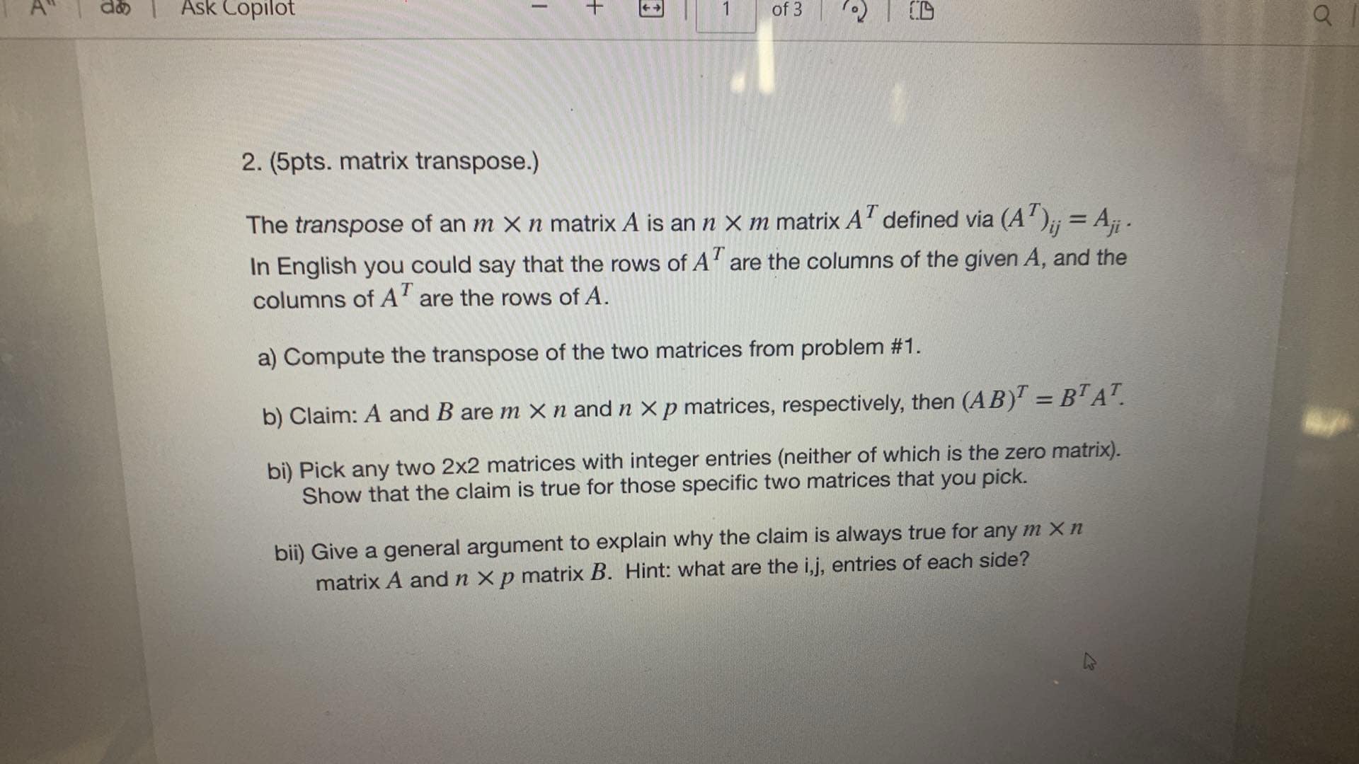 Solved (5pts. ﻿matrix transpose.) ﻿The transpose of an | Chegg.com