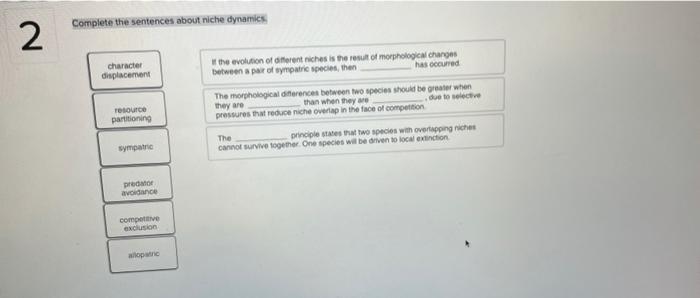 Solved Complete the sentences about niche dynamics 2 | Chegg.com