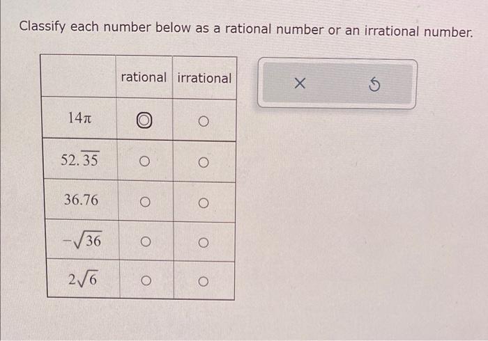 Solved Classify each number below as a rational number or an | Chegg.com