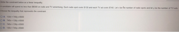 Solved Write the constraint below as a linear inequality A | Chegg.com