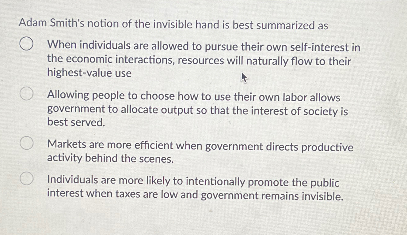 Adam Smith's notion of the invisible hand is best | Chegg.com