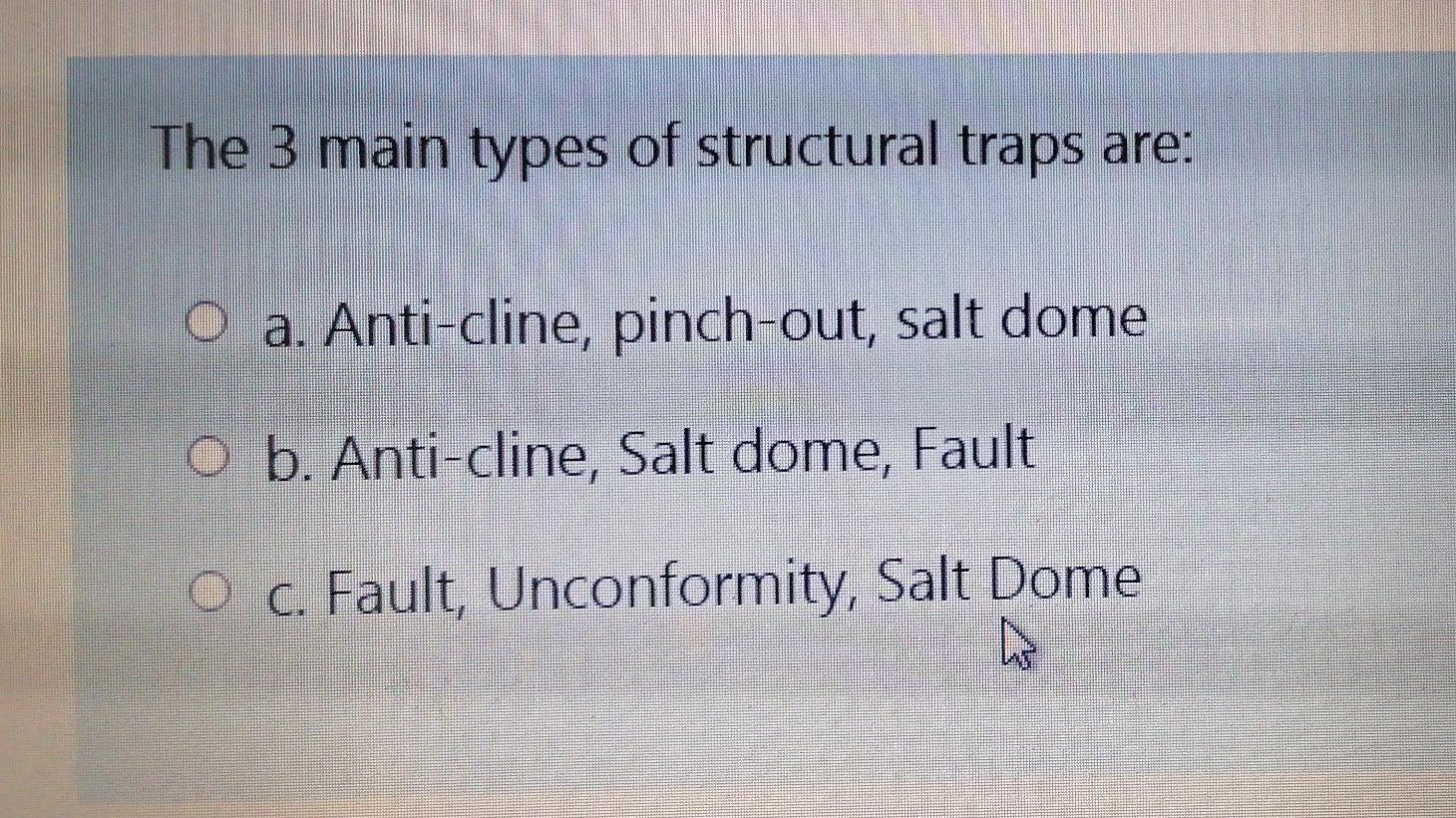 Solved The 3 main types of structural traps are: O a. | Chegg.com