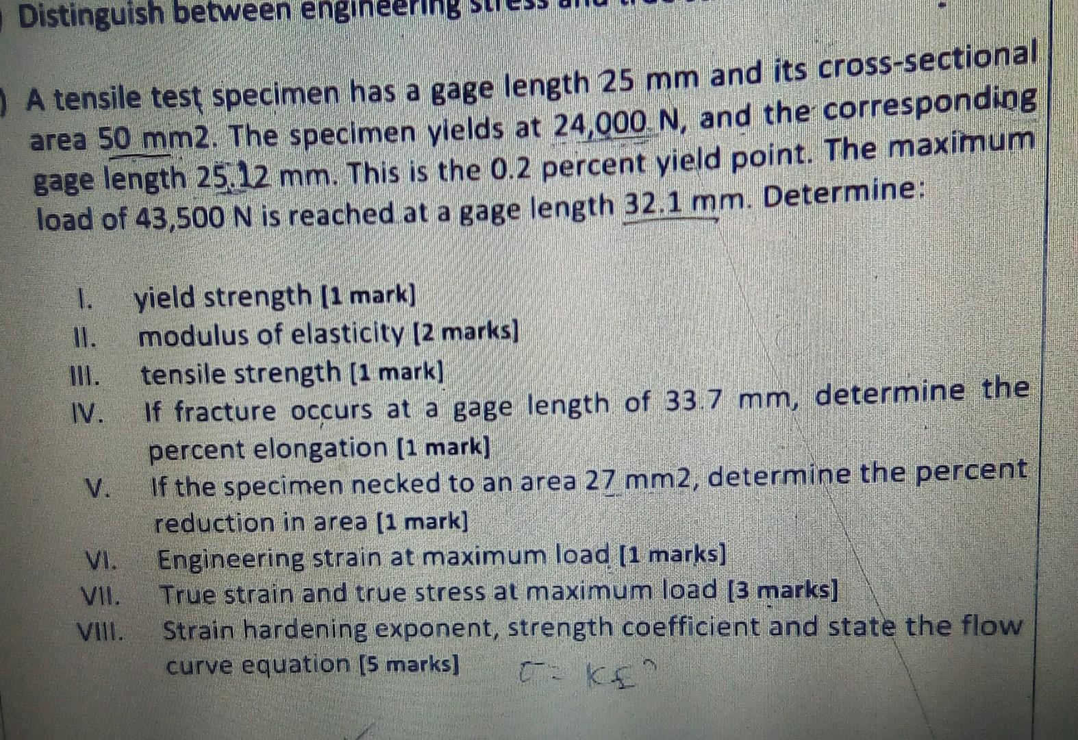 Solved A tensile test specimen has a gage length 25 mm and | Chegg.com
