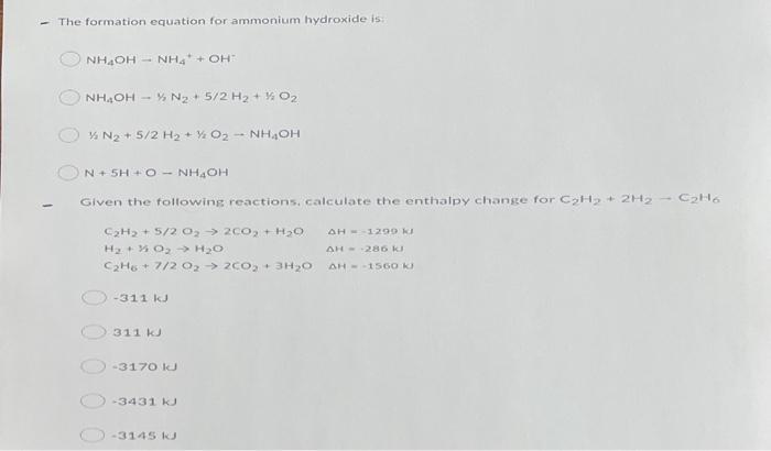 Solved - The formation equation for ammonium hydroxide is: | Chegg.com