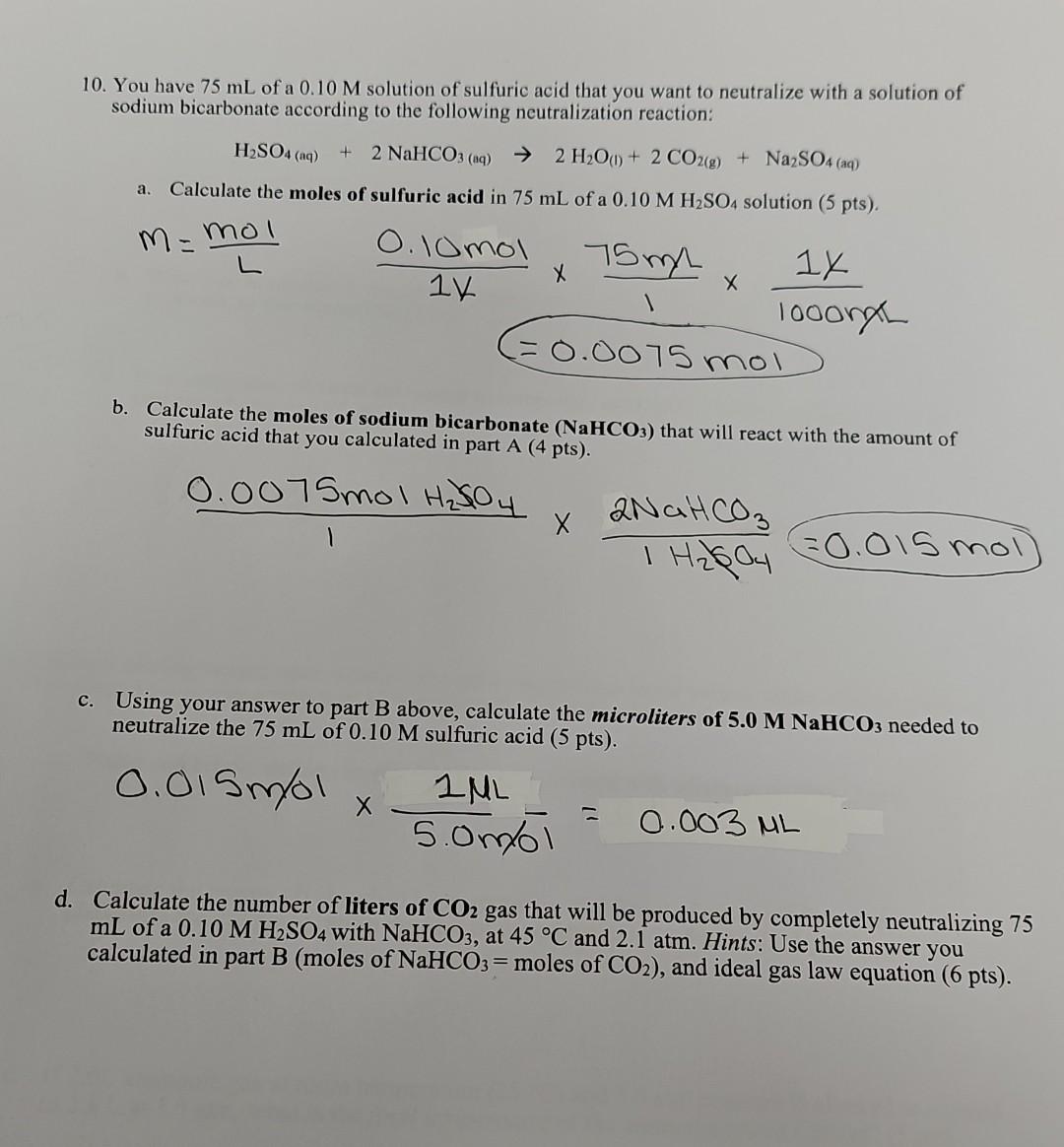 Solved 10. You have 75 mL of a 0.10M solution of sulfuric | Chegg.com