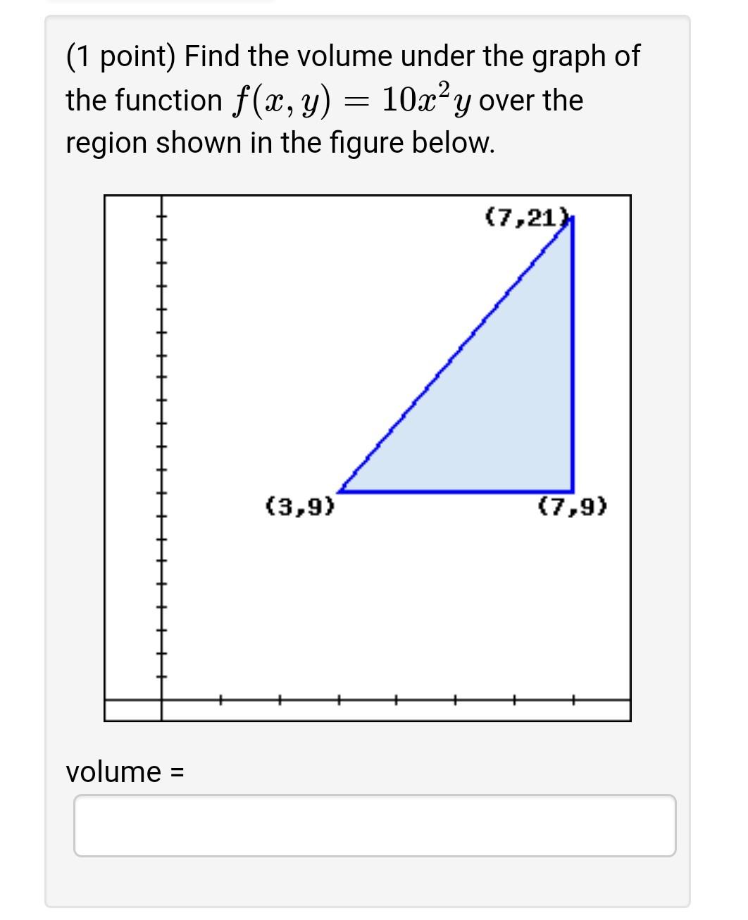 Solved (1 point) Find the volume under the graph of the | Chegg.com