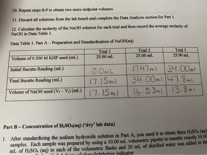 Solved Part B - Concentration of H2SO4(aq) ('dry' lab data) | Chegg.com