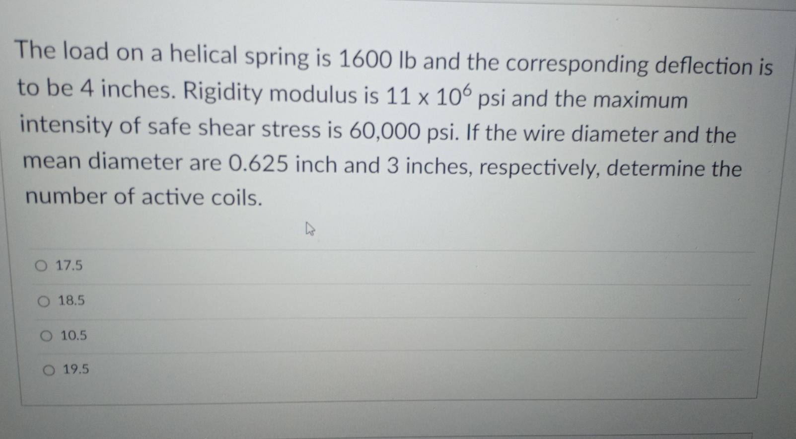 Solved The load on a helical spring is 1600 lb and the | Chegg.com