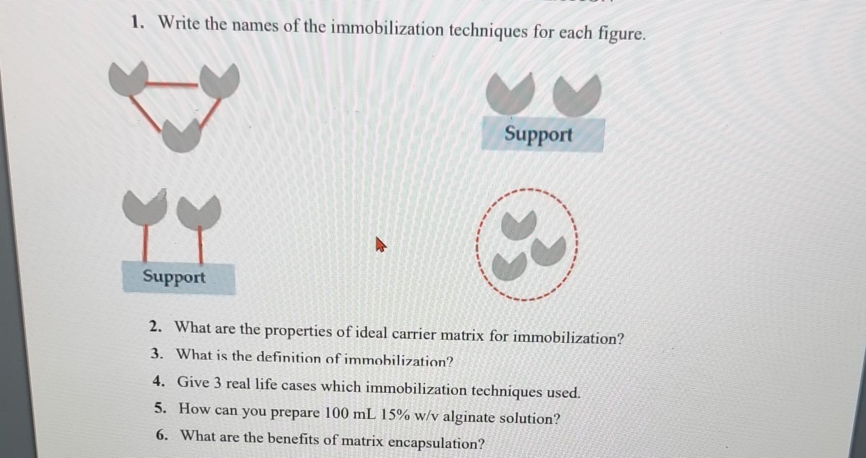 Solved 1. Write the names of the immobilization techniques | Chegg.com