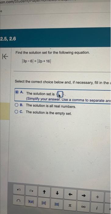 Solved Find the solution set for the following equation. | Chegg.com