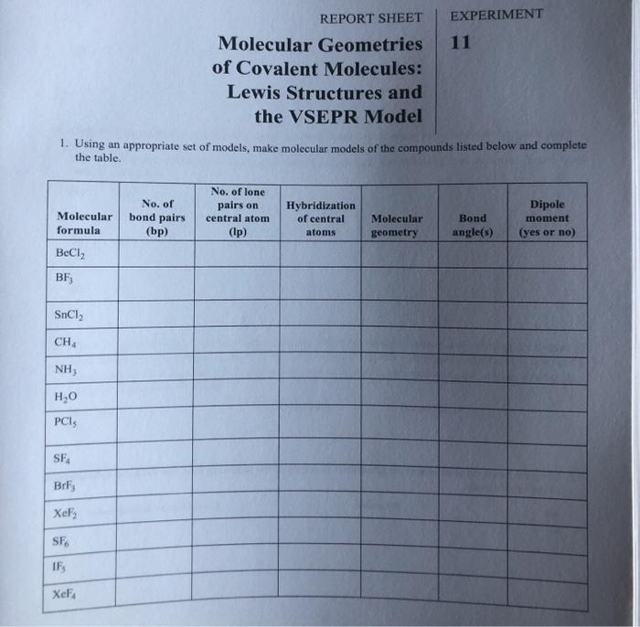 Solved REPORT SHEET EXPERIMENT Molecular Geometries 11 of | Chegg.com