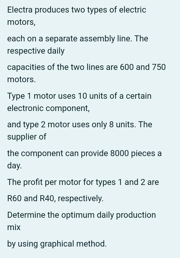 Solved Electra produces two types of electric motors, each | Chegg.com