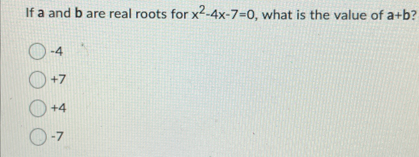 Solved If a and b ﻿are real roots for x2-4x-7=0, ﻿what is | Chegg.com