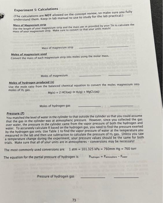 Solved Experiment 5: Calculations (The calculations are NOT | Chegg.com