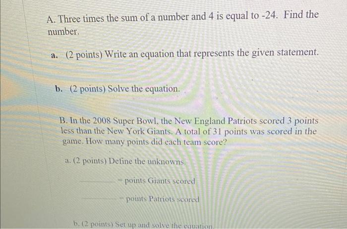 Solved A. Three times the sum of a number and 4 is equal to | Chegg.com