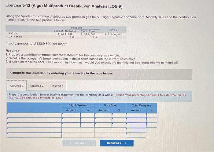 Solved Exercise 5-12 (Algo) Multiproduct Break-Even Analysis | Chegg.com