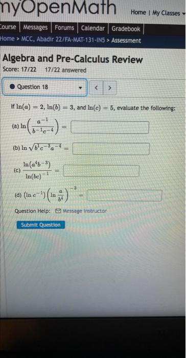 Solved Algebra and Pre-Calculus Review Score: 17/2217/22 | Chegg.com
