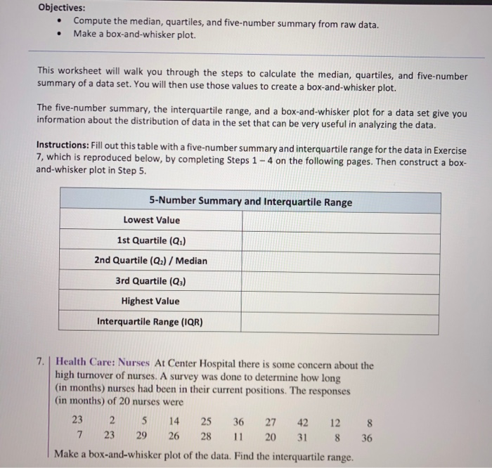 Solved Objectives: Compute the median, quartiles, and | Chegg.com
