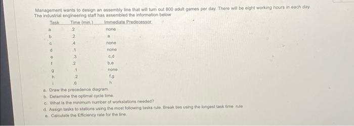Solved Management wants to design an assembly ine that will | Chegg.com