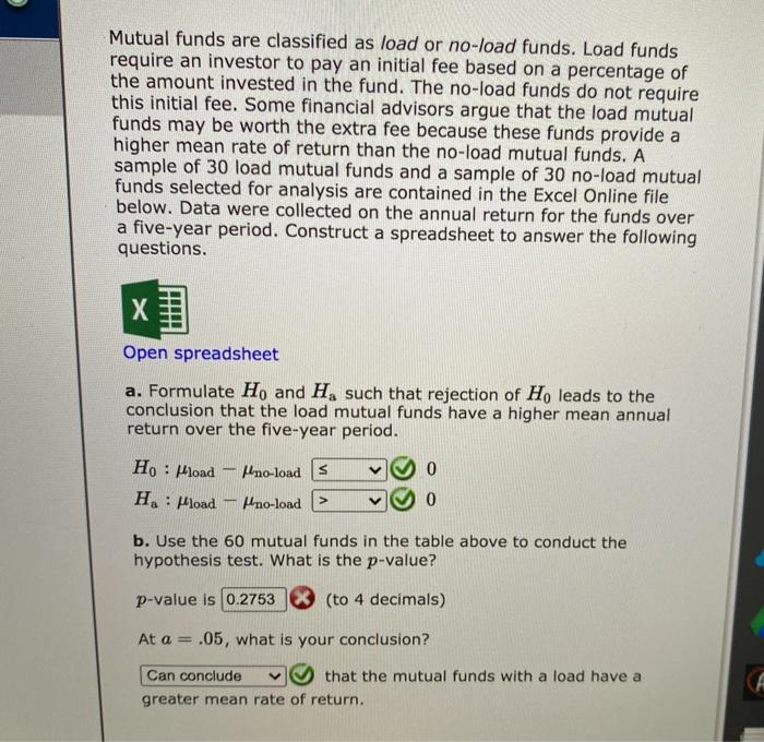 Solved Mutual funds are classified as load or no-load funds. | Chegg.com