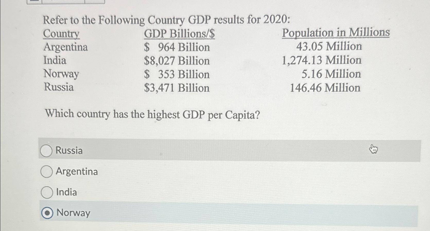 Solved Refer to the Following Country GDP results for | Chegg.com