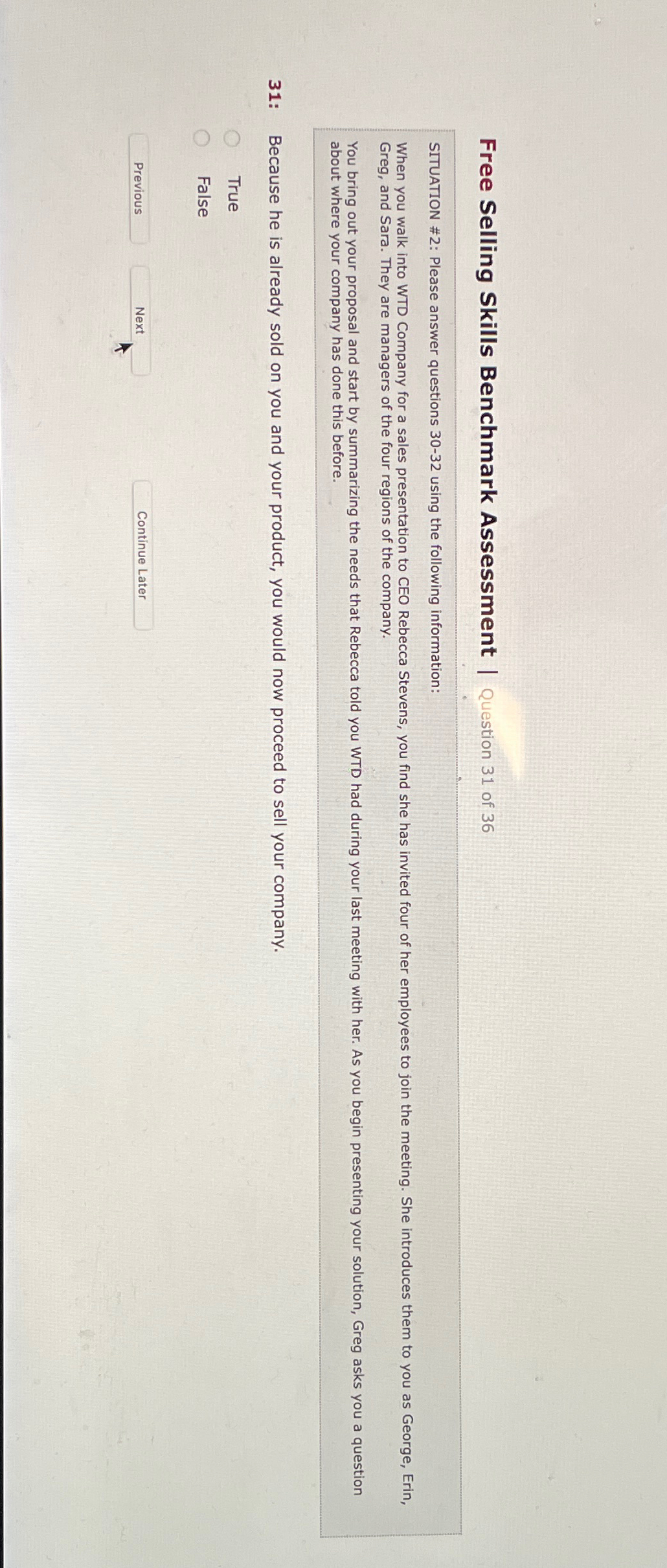 Solved Free Selling Skills Benchmark AssessmentQuestion 31 | Chegg.com