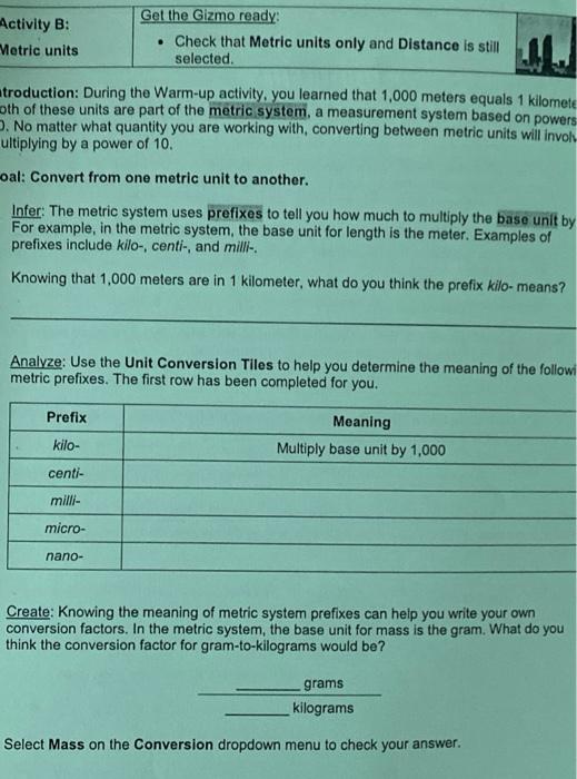 Solved Activity B: Metric units Get the Gizmo ready: • Check | Chegg.com