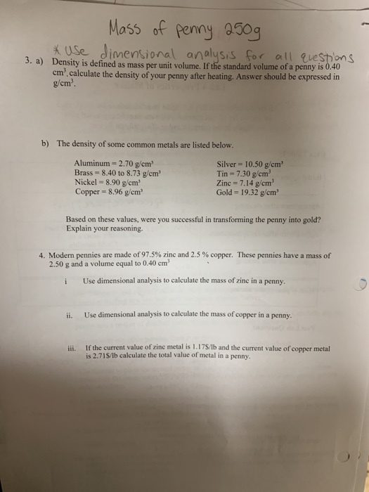 Solved Mass of penny 250g * use dimensional analysis for all | Chegg.com